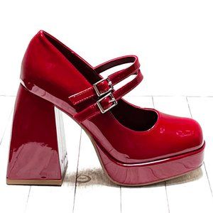 Shoes | New Ruby Red Patent Mary Jane Platform Chunky Heel Pumps | Poshmark